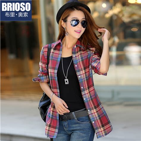 Brioso 秋季中长款格子衬衫 女装 长袖格子衬衣韩版大码修身女装温馨百汇