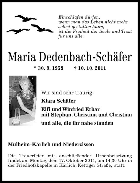Traueranzeigen Von Maria Dedenbach Schäfer Rz Trauer De