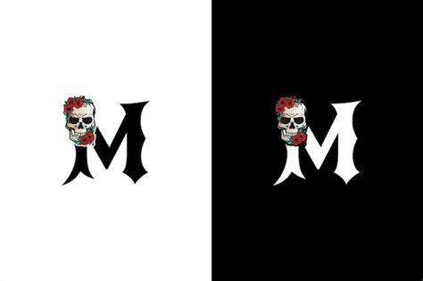 이니셜 글자 M Skull 로고 디자인 최소 실루 두개골 로고 터와 글자 M 로고 디자인 프리미엄 벡터