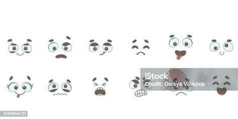 만화 얼굴 표정이 표현되는 눈과 입 미소 울음 깜짝 놀란 캐릭터 얼굴 표정 캐리커처 코믹 감정 이나 이모티콘 낙서 격리된 벡터 그림 아이콘 세트 가공의 인물에 대한 스톡