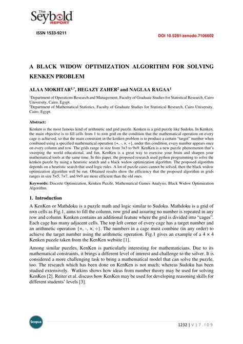Pdf A Black Widow Optimization Algorithm For Solving Kenken Problem