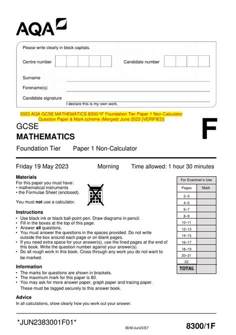 Actual 2024 Aqa Gcse Mathematics 8300 1f Foundation Tier Paper 1 Non