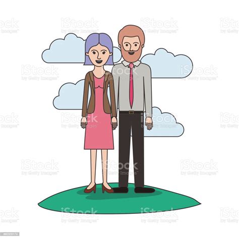 야외 커플 다채로운 현장 및 블라우스와 재킷 및 치마와 발뒤꿈치 그녀의 셔츠와 넥타이로 짧은 스트레이트 헤어스타일와 그 신발