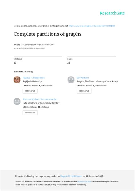 Pdf Complete Partitions Of Graphs
