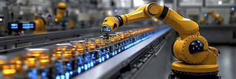High Tech Robot Arm Assembling Products On Conveyor Belt Stock
