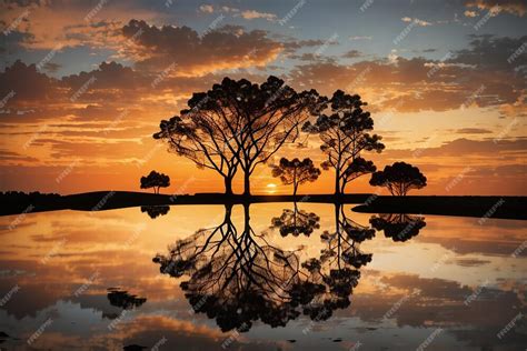 Premium Photo Tree Silhouettes In The Sunset Landscape Design
