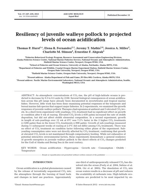 Pdf Resiliency Of Juvenile Walleye Pollock To Projected Levels Of