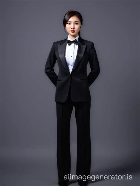 Elegant Asian Woman In Tuxedo Ensemble Ai Image Generator