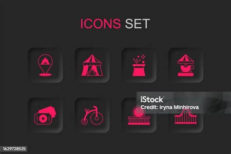 빈티지 자전거 서커스 텐트 롤러코스터 어트랙션 회전목마 마술사 모자 티켓 아이콘을 설정하세요 벡터 건네주기에 대한 스톡 벡터