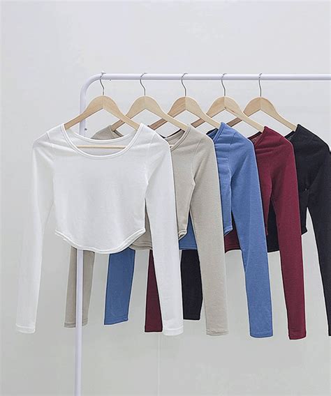 꾸안꾸잘록개미허리골반티굴림티 메이저 착붙 슬림핏 스판 무지 유넥 크롭 긴팔티 에이블리