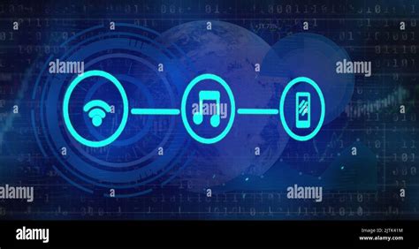 Image Of Tech Icons Graph Globe And Binary Code On Dark Background
