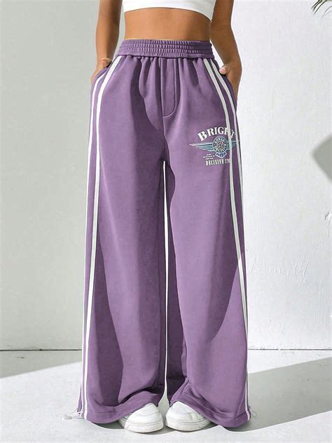 Womens Letter Print Pocket Loose Casual Wide Leg Sweatpants Easy