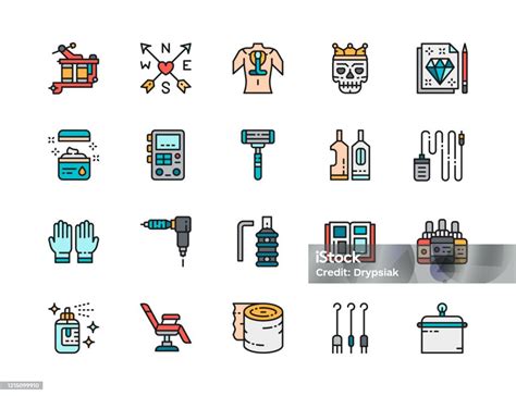 문신 스튜디오 플랫 컬러 라인 아이콘의 집합입니다 문신 기계 바셀린 전원 공급 장치 등 개체 그룹에 대한 스톡 벡터 아트 및 기타 이미지 Istock