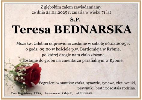 Śp Teresa Bednarska Nekrolog