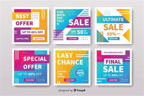 그라디언트 세일 인스 타 그램 포스트 컬렉션 무료 벡터