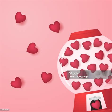 분홍색 배경에 빨간색 파란색과 흰색 풍선껌 하트로 채워진 자동 판매기의 심장 투명 유리로 된 그림 발렌타인 데이 껌 자동판매기에