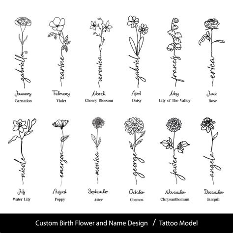 Birth Month Flower Custom Name Design Floral Tattoo Digital File