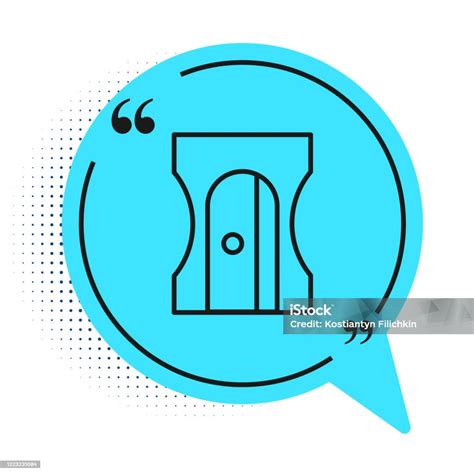 흰색 배경에 격리 된 검은 색 선 연필 깎는 아이콘입니다 파란색 음성 풍선 기호입니다 벡터 일러스트레이션 갈음질에 대한 스톡 벡터 아트 및 기타 이미지 Istock