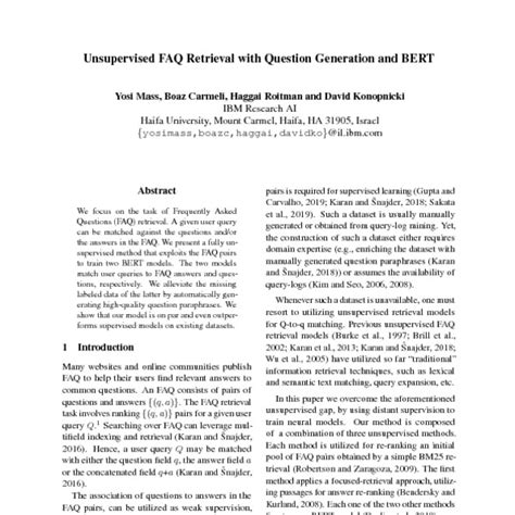 Unsupervised Faq Retrieval With Question Generation And Bert Acl