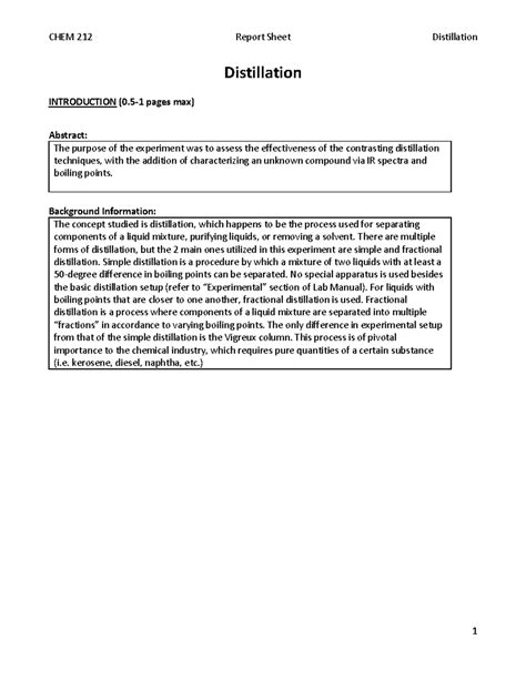 212 Report Sheet Distillation Distillation Introduction 0 1 Pages Max Abstract The Purpose
