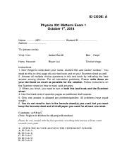 Phys Exam Fall Key Pdf ID CODE A Physics Midterm Exam October St Name