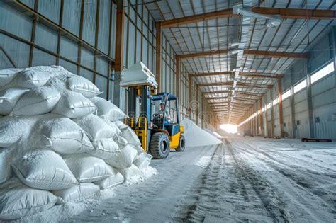 Forklift Handling White Bags Loading Fertilizer Bags Into Containers Sugar Bags Distribution