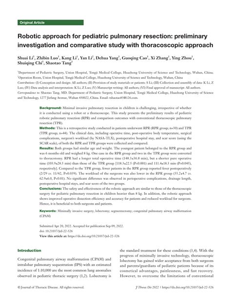 Pdf Robotic Approach For Pediatric Pulmonary Resection Preliminary Investigation And