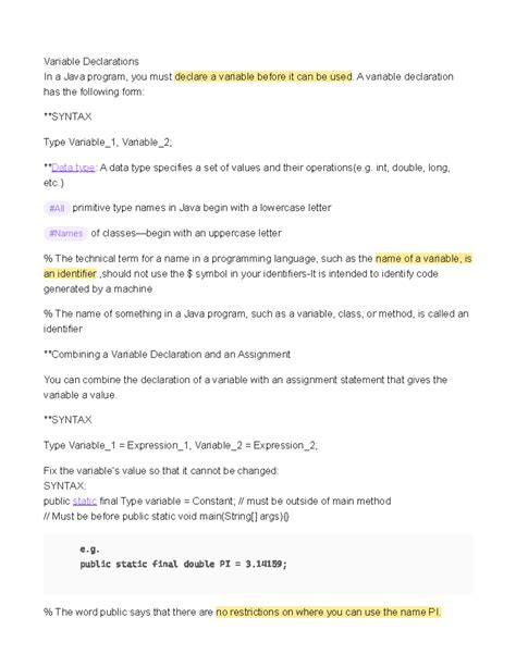 Book Lecture Notes On Oop Variable Declarations In A Java Program