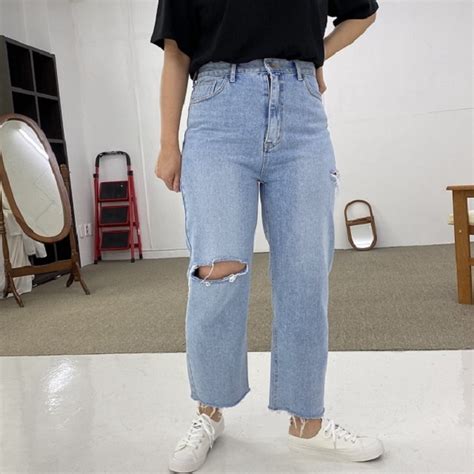 빅사이즈가능 연청 일자 찢청 보이핏 청바지 에이블리
