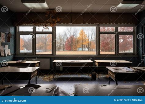 A Teacher S Empty Classroom With A View Of The School Yard Desks Visible Through The Windows