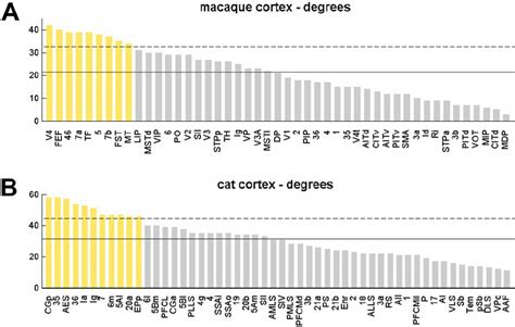 Degree Of Areas In Macaque And Cat Cortex The Degree Of Each Area Of Download Scientific