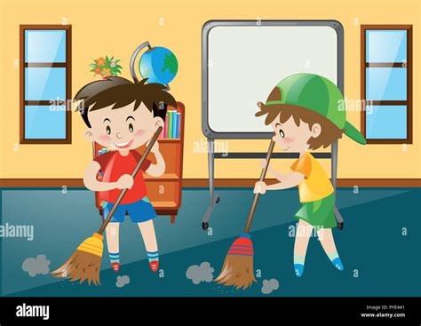 Two Boys Sweeping Classroom Floor Illustration Stock Vector Image And Art
