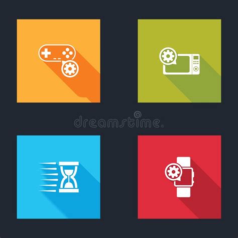 Set Gamepad Setting Microwave Oven Old Hourglass With Sand And Smartwatch Icon Vector Stock