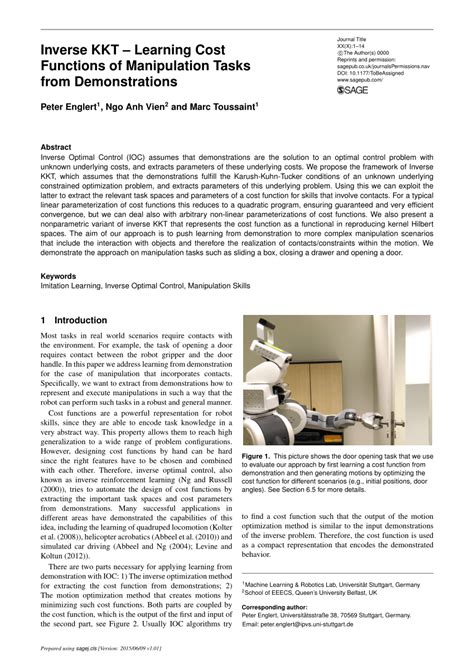 Pdf Inverse Kkt Learning Cost Functions Of Manipulation Tasks From