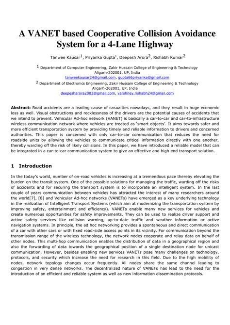 Pdf A Vanet Based Cooperative Collision Avoidance System For A 4 Lane Highway