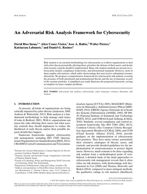 Pdf An Adversarial Risk Analysis Framework For Cybersecurity