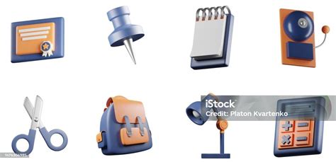 3d 학용품 세트 배낭 책상 램프 가위 계산기 졸업 증명서 메모장 푸시 핀 학교 벨 교육 연구 문구 항목 Ux Ui 웹 디자인