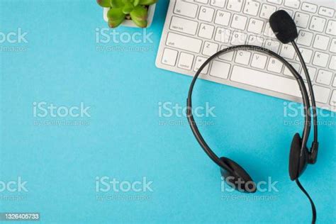 복사 공간이있는 고립 된 파스텔 블루 배경에 검은 색 헤드셋 흰색 키보드와 식물의 상단 보기 사진 개인 장식품에 대한 스톡 사진 및 기타 이미지 Istock