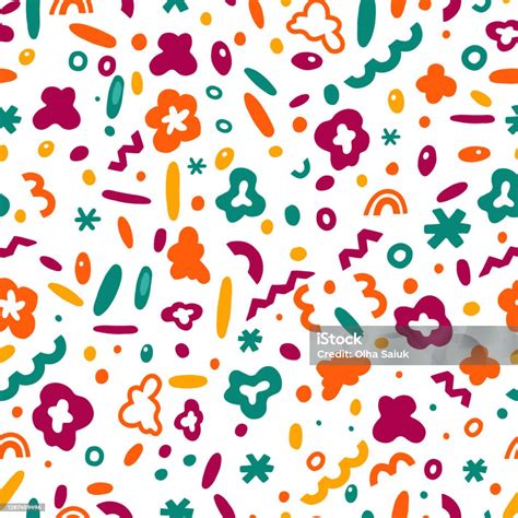 플랫 랜덤 추상 적 모양 손 그린 벡터 원활한 패턴 복고풍 스타일 90s의 다채로운 배경 인쇄 배경 화면 포장 종이 직물 직물 장식 카드에 대한 보편적 인 간단한 디자인 0