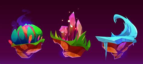 판타지 떠다니는 섬 게임 만화 Ui ⁇ 터 얼음 장면 고립된 인터페이스 디자인 아케이드 모험 2d 레벨 풍경 일러스트레이션 꽃 환경 위치 아이콘 무료 벡터