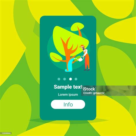 현대 정원 남성 만화 캐릭터 전체 길이 플랫 잎 배경 복사 공간에 수염 정원사 급수 식물과 나무 계절에 대한 스톡 벡터 아트 및