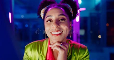 Woman Night And Excited In Office With Neon Tablet Or Scroll For