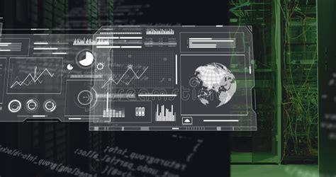 charts graphs globe and data processing over dark computer server room stock video video of
