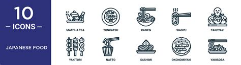 일본 음식 개요 아이콘 세트에는 얇은 줄 말차 차 라면 타코야키 낫토 오코노미야키 야키소바 야키토리 아이콘 보고서 프리젠 테이션