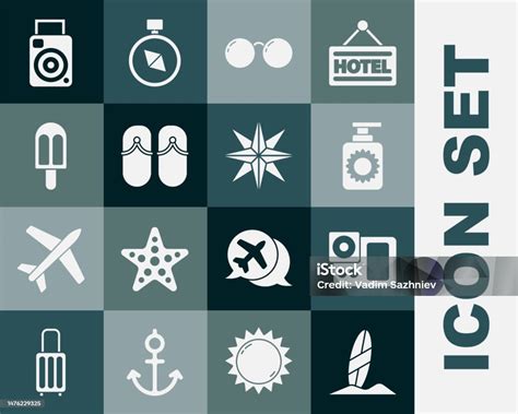 서핑 보드 사진 카메라 자외선 차단제 스프레이 병 안경 플립 플롭 아이스크림 및 바람 장미 아이콘을 설정합니다 벡터 0명에 대한