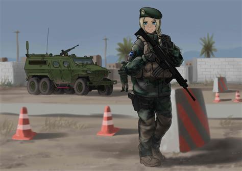 Mardjan Original Turret Vehicle 1girl 2others Assault Rifle Background Activity