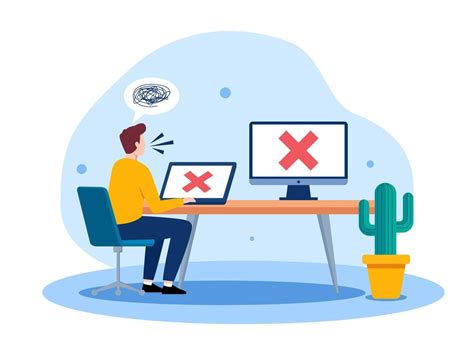 Flat Illustration Of Frustrated Man Facing System Error On Laptop And Desktop Screens While