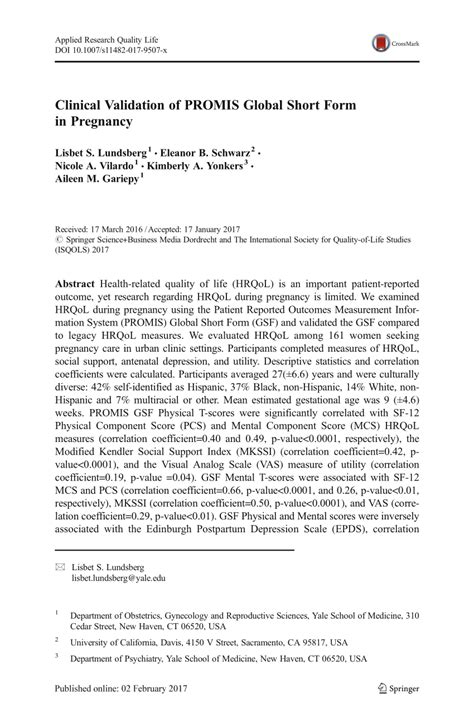 Pdf Clinical Validation Of Promis Global Short Form In Pregnancy