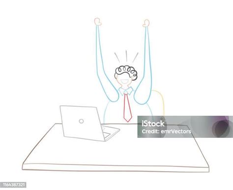 컴퓨터와 행복 손으로 그린 벡터 일러스트에서 일하는 사업가 개념에 대한 스톡 벡터 아트 및 기타 이미지 개념 경영자 금융 Istock