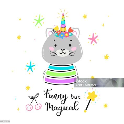 캐티콘 또는 키티콘 꽃 뿔과 재미 있지만 마법인용 벡터 일러스트와 마법 귀여운 유니콘 고양이 가와이 이 새끼 고양이 티셔츠 인쇄 베이비 샤워 카드 보육 포스터 생일 0명에